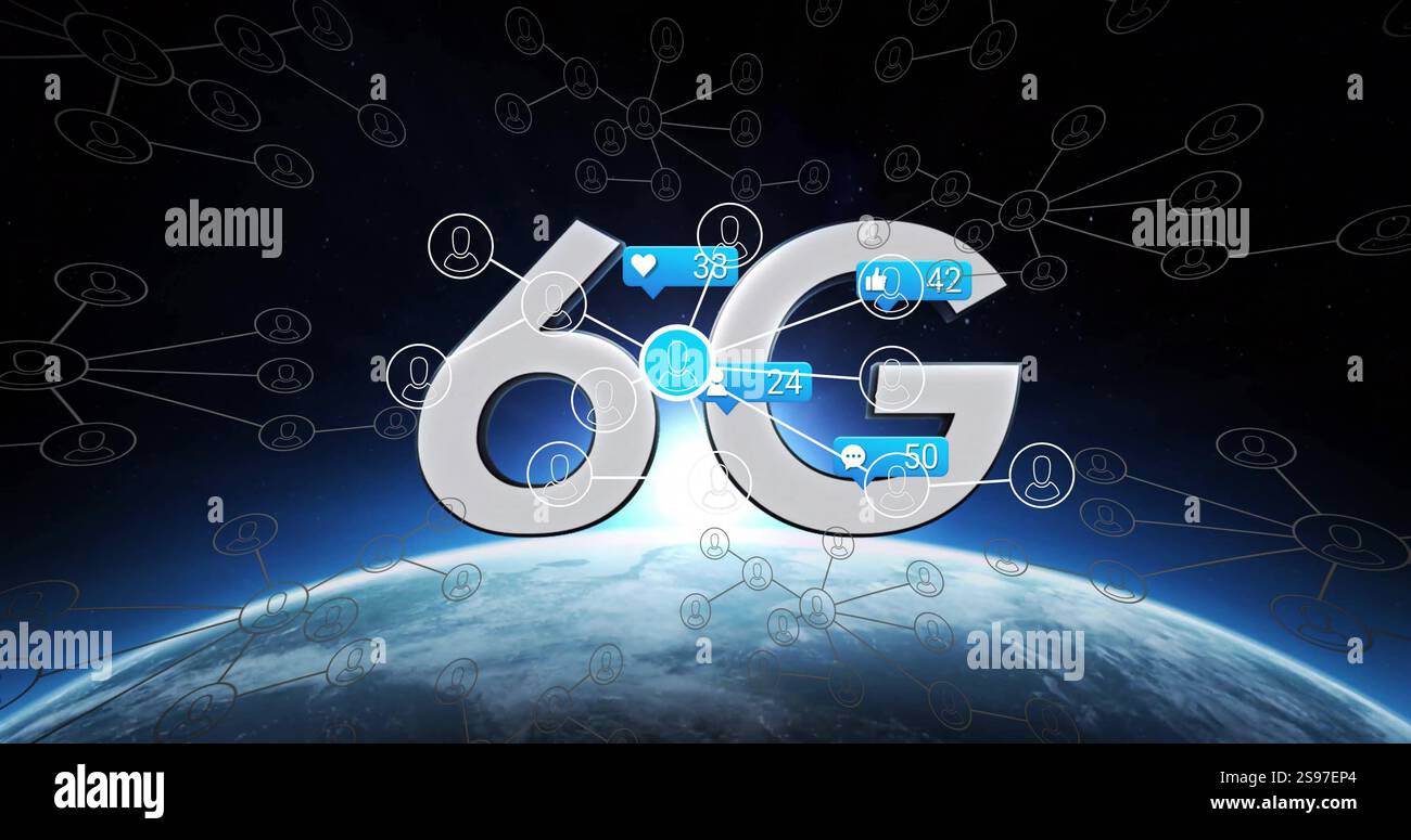 6G network concept image over social media icons and connections above ...