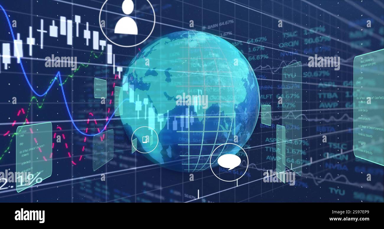 Global financial data and stock market trends image over digital world map Stock Photo - Alamy