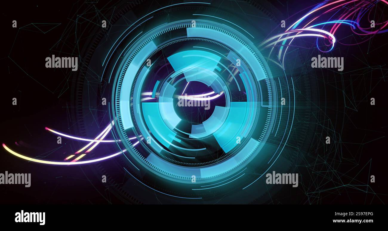 Rotating circular shapes and neon lights image over dark background Stock Photo - Alamy
