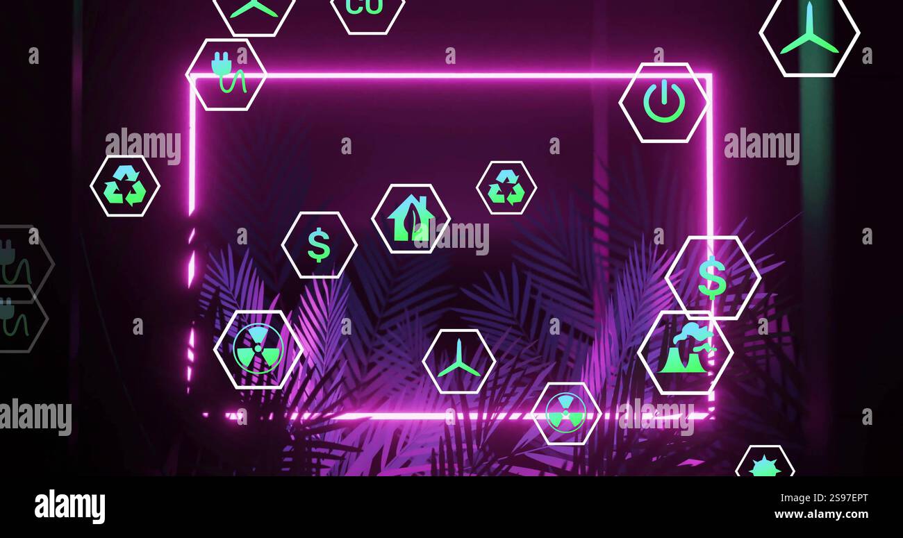 Environmental icons image over neon frame and tropical plants Stock ...