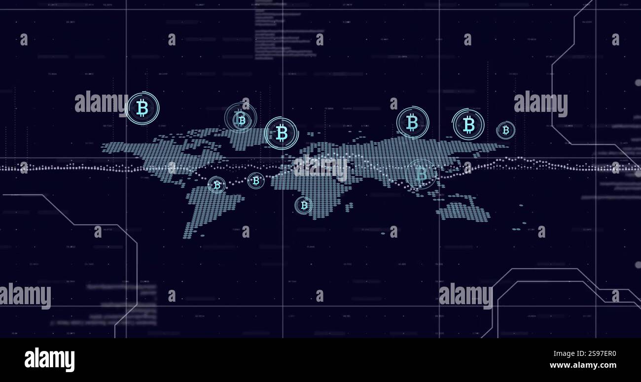 Bitcoin symbols and blockchain network image over world map Stock Photo ...