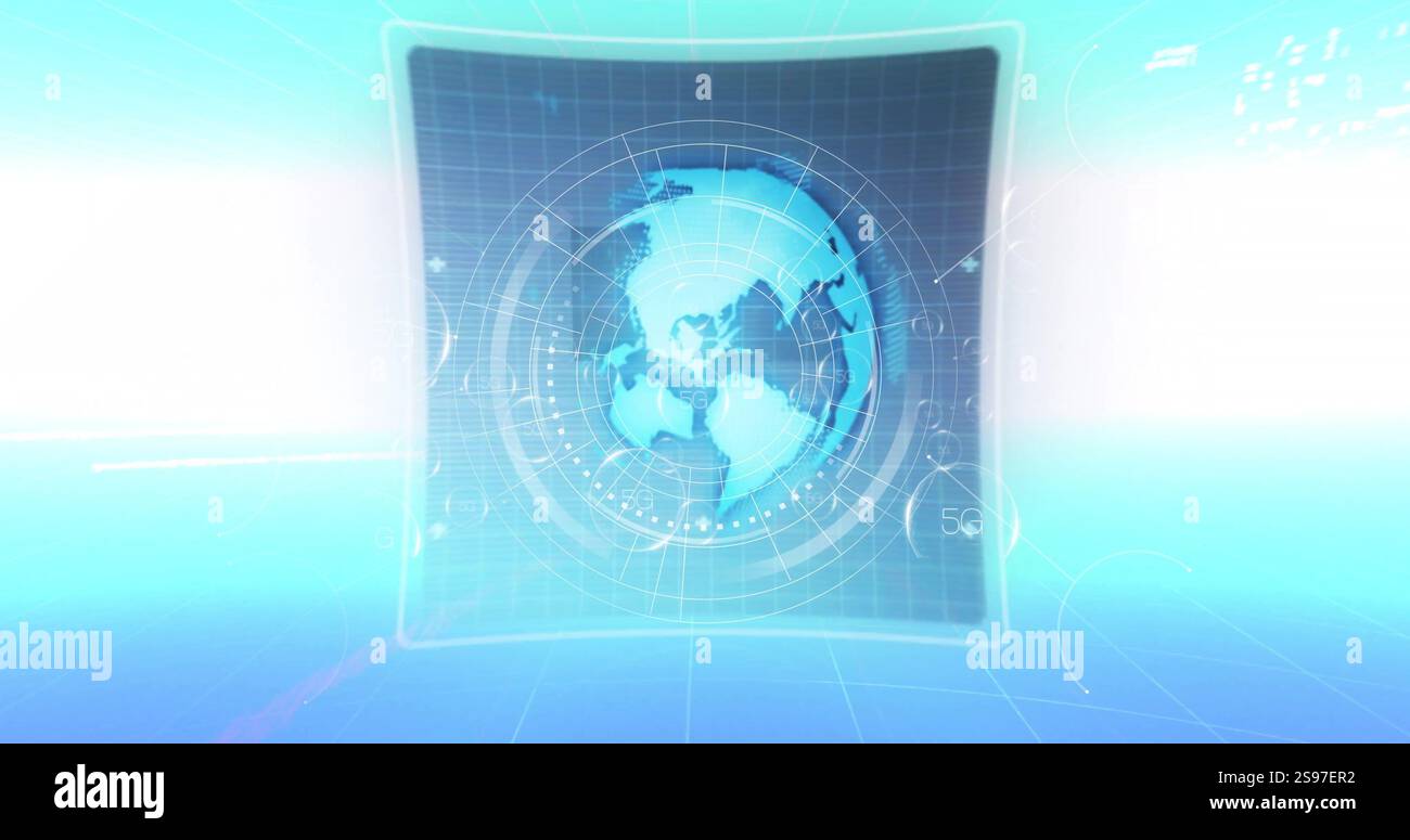 Rotating globe with digital interface elements image over blue ...