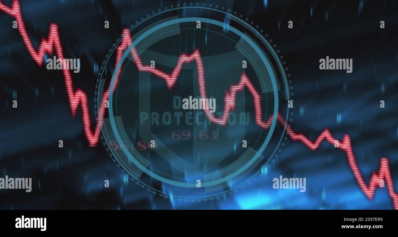 Red financial graph and data points image over futuristic blue digital ...