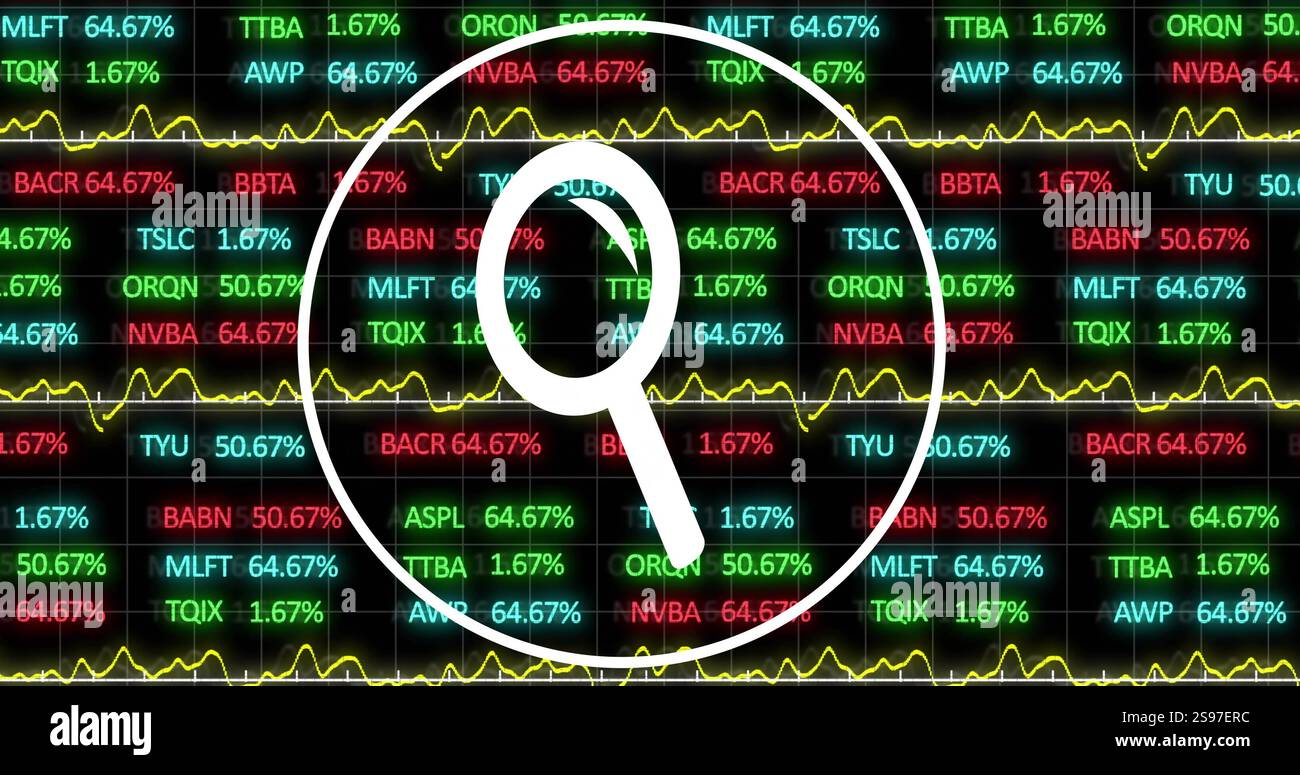 Magnifying glass image over fluctuating stock market data with various ...