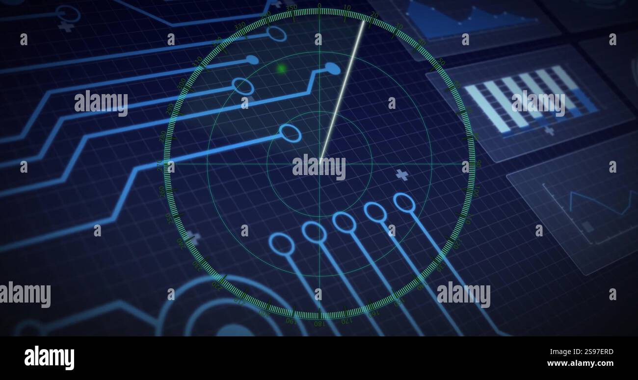 Radar image with digital circuits and data processing over blue grid ...