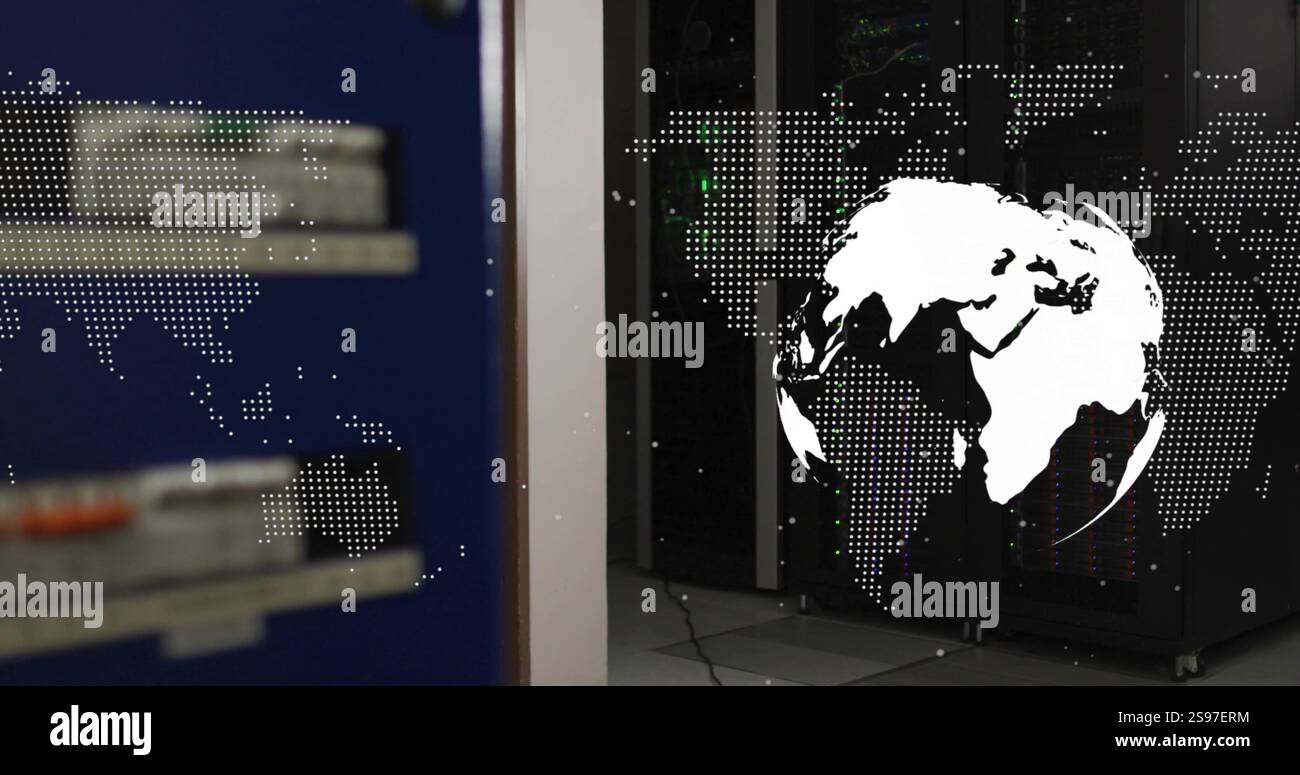 World map image over server racks in data center Stock Photo - Alamy