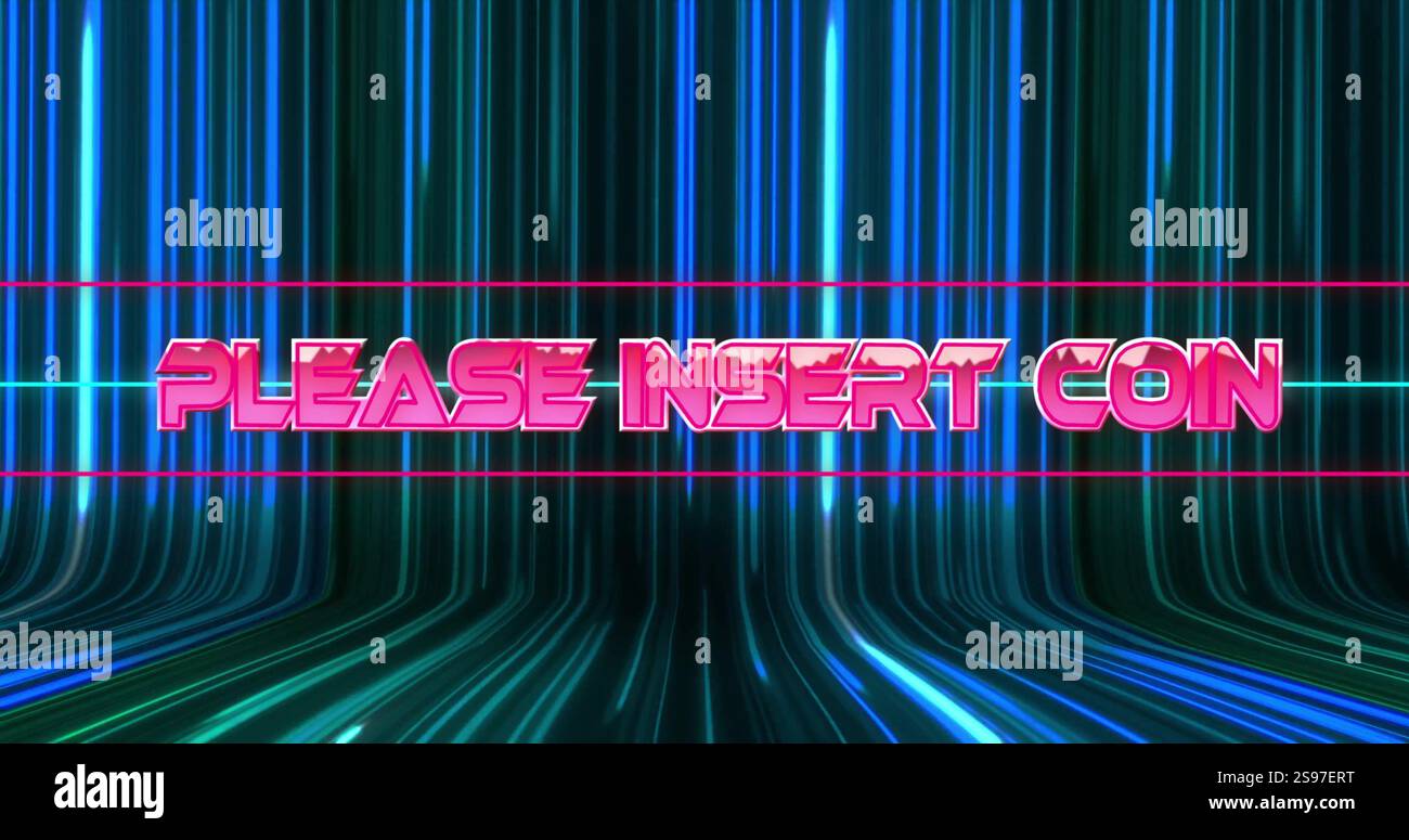 Please insert coin text over neon lines background, retro arcade image ...
