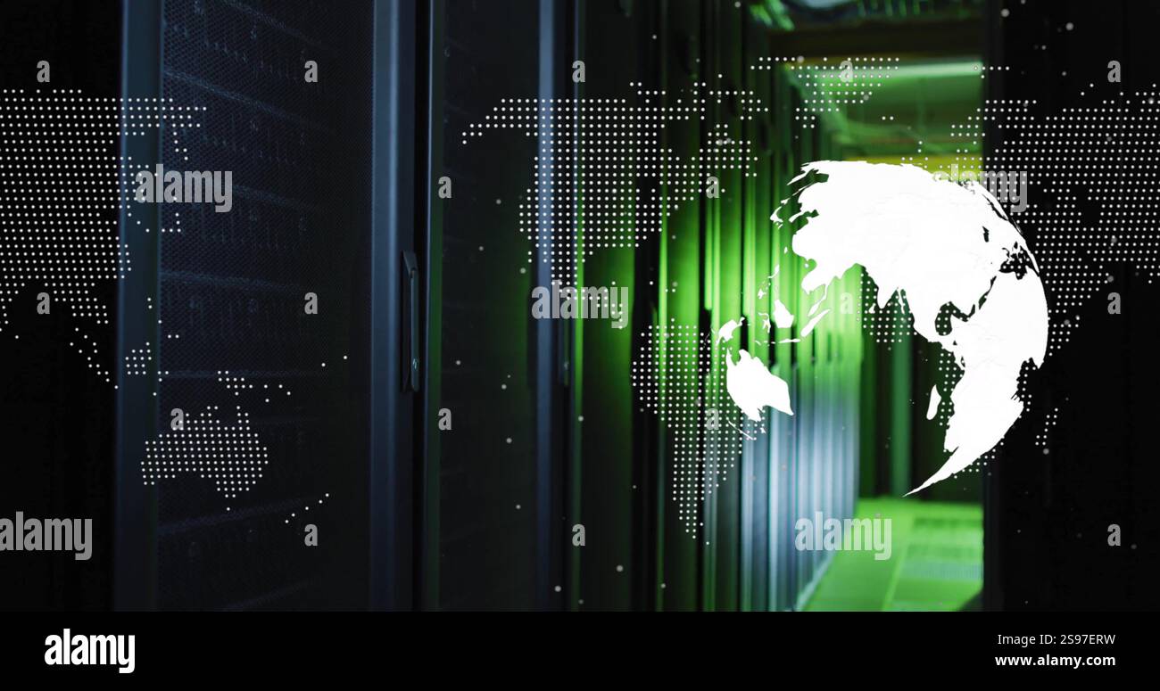 World map image over data servers in dimly lit server room Stock Photo ...