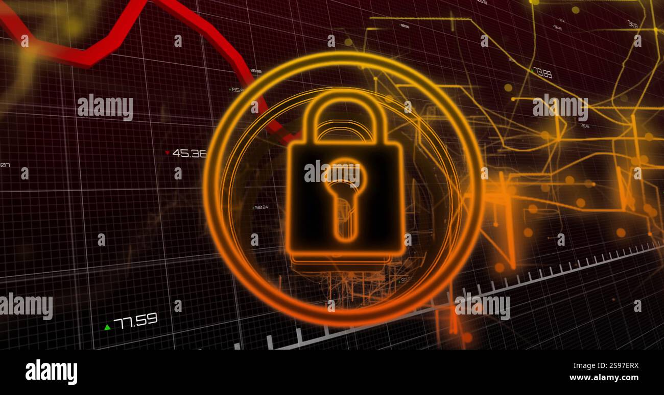 Lock and key security image over financial data and graphs Stock Photo ...