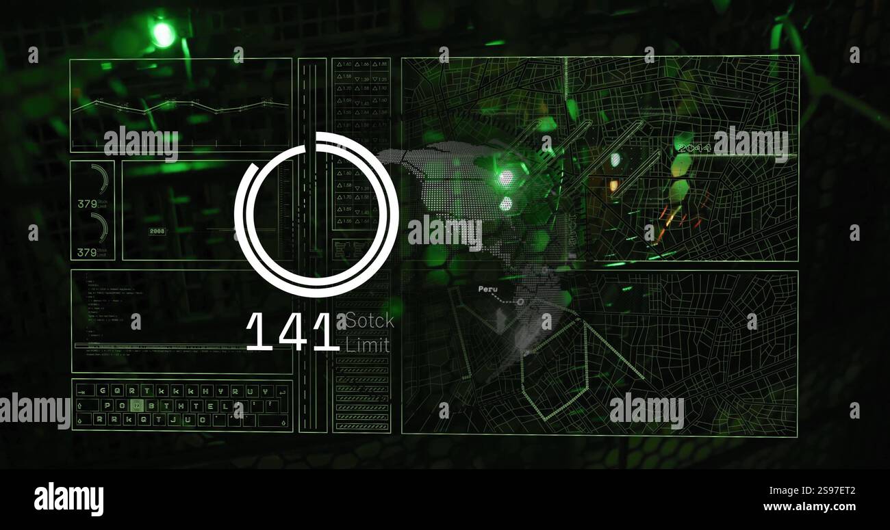 Digital world map and data analysis image over green glowing network ...