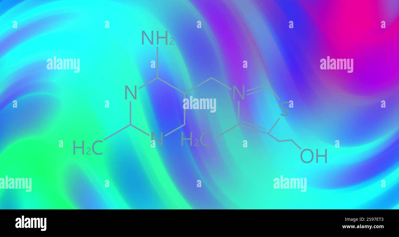 Chemical structure of molecule over colorful, swirling image background ...