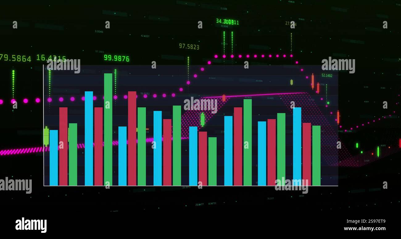 Bar and line charts with numerical data processing image over dark background Stock Photo - Alamy