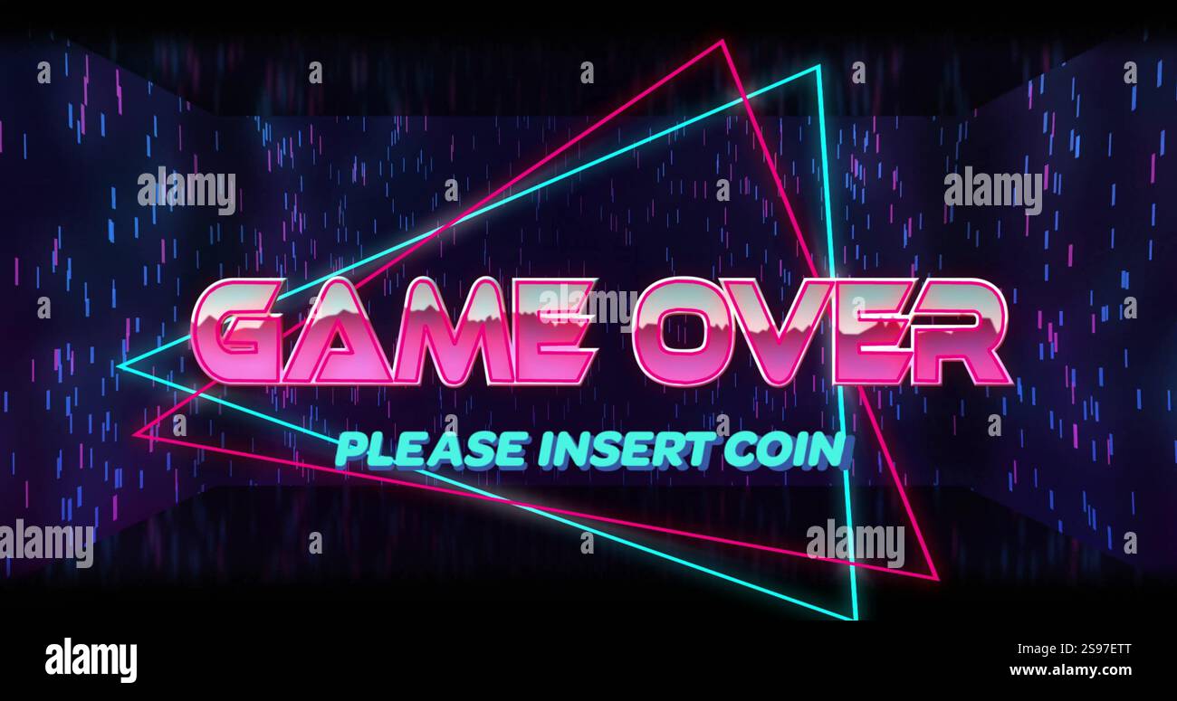 Game Over and Please Insert Coin text over neon geometric shapes and ...