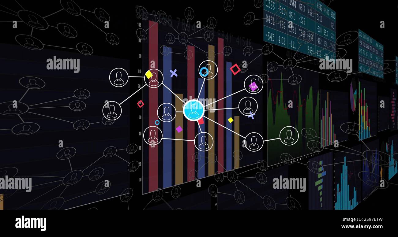 Network of connections image over bar graphs and data charts Stock ...