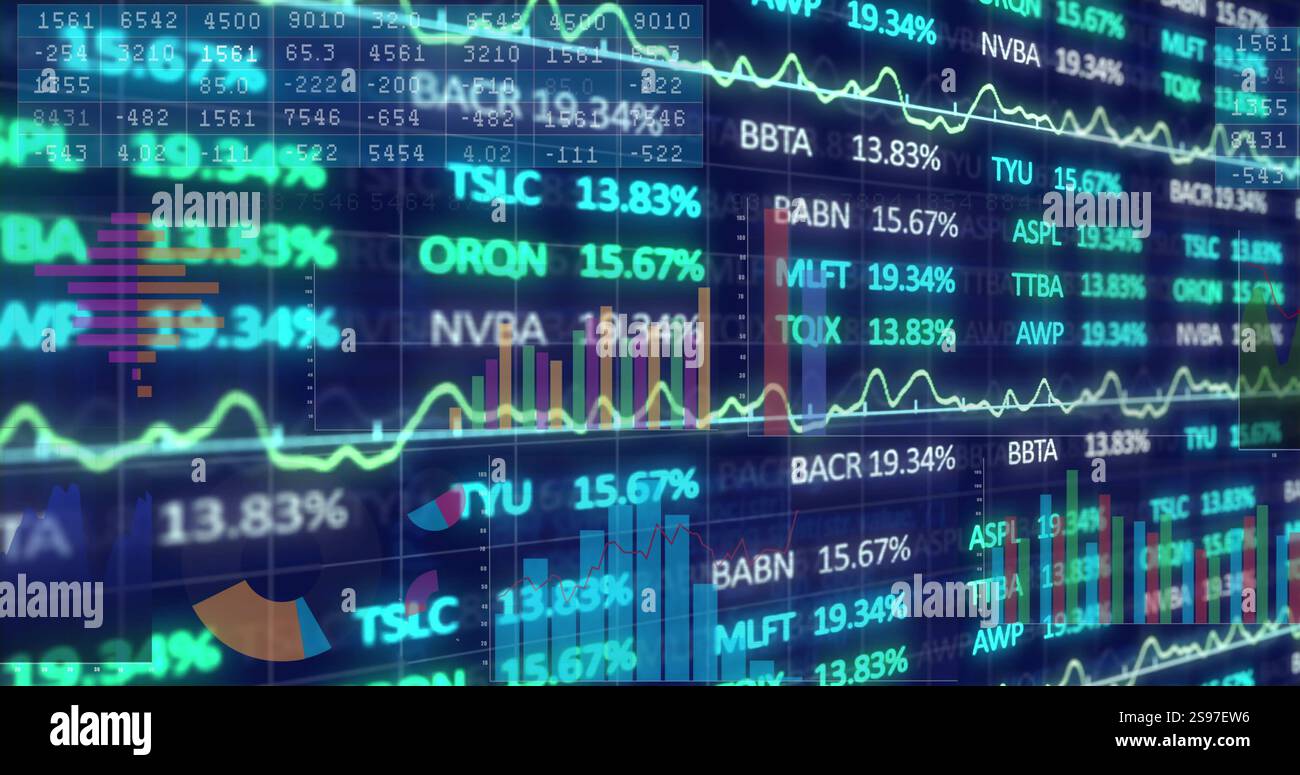Stock market data and financial graphs image over trading screen ...