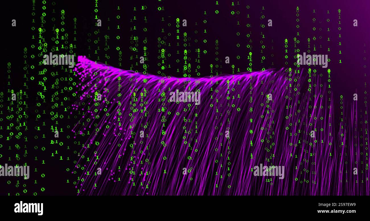 Binary code and data flow image over purple fiber optic strands Stock ...