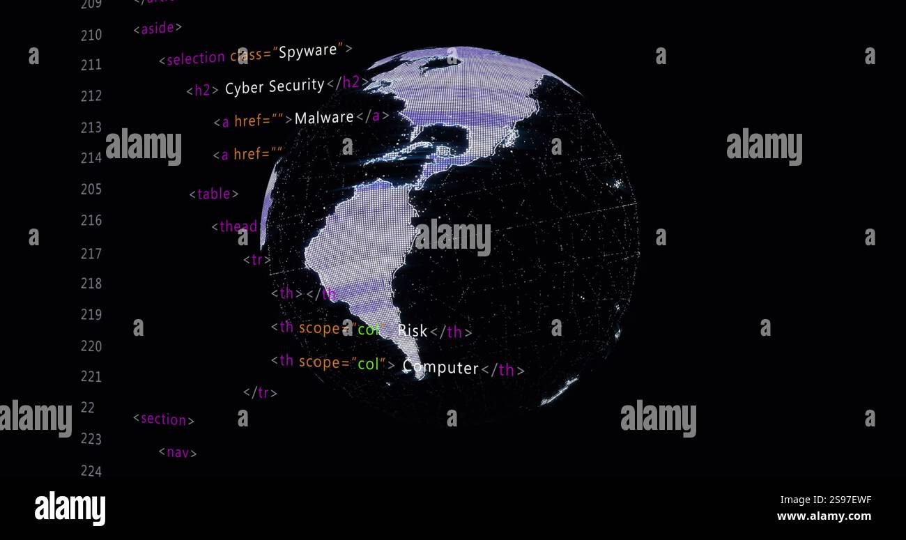 Rotating globe with continents over HTML code image Stock Photo - Alamy