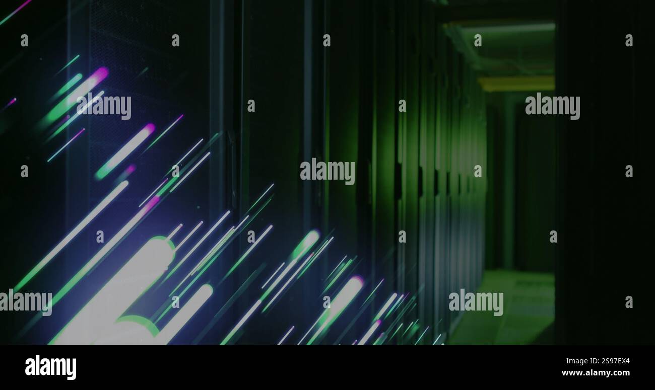 Data processing image over server racks in dimly lit data center Stock Photo - Alamy