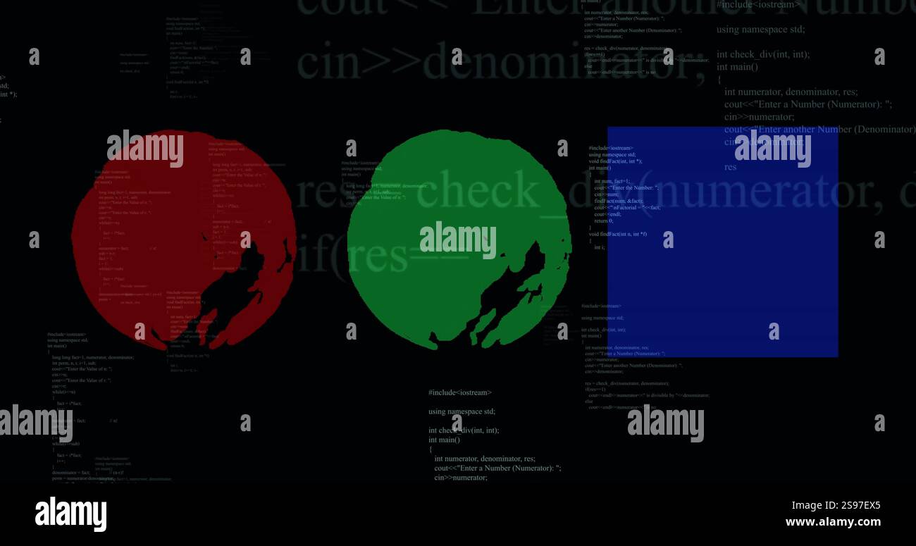 Computer code image over red and green globes and blue rectangle ...