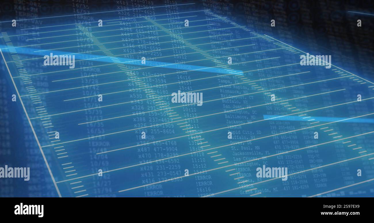 Football field with yard lines and data processing image over blue ...