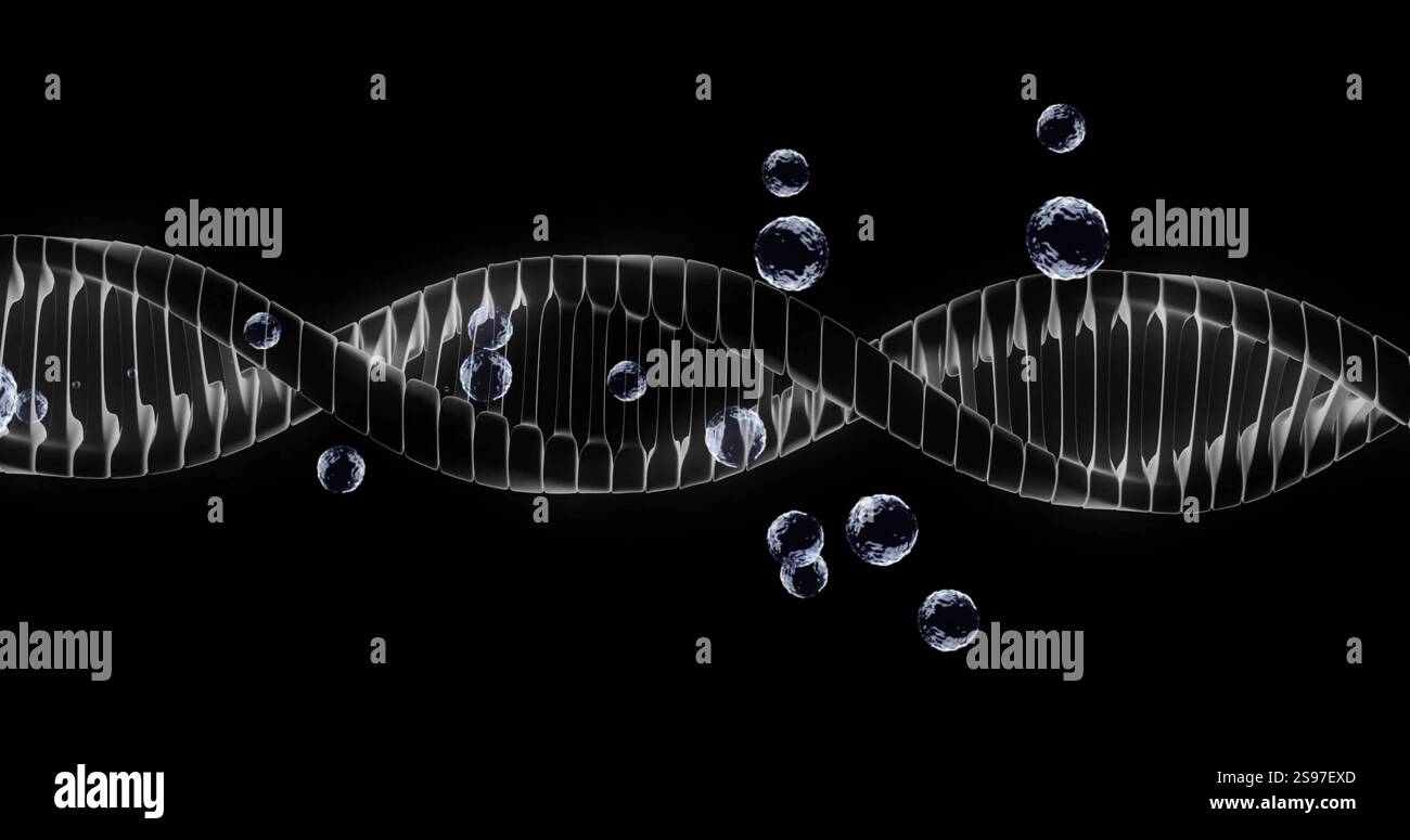 DNA strand with floating bubbles, scientific data processing image ...