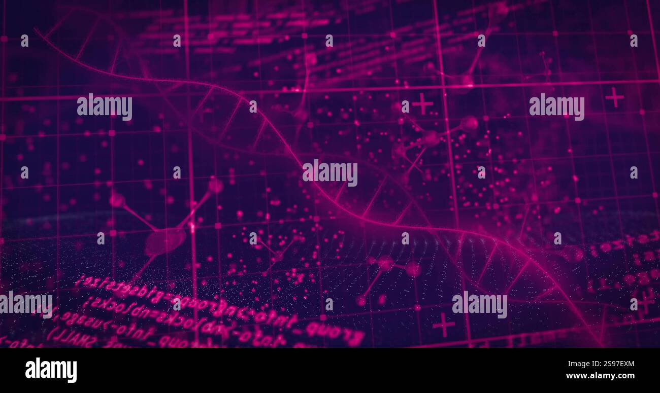 Image of digital data processing over dna strand spinning on black ...