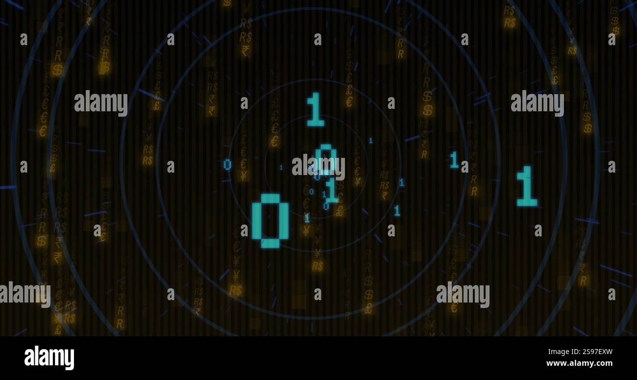 Binary code and currency symbols over digital image of concentric circles Stock Photo - Alamy