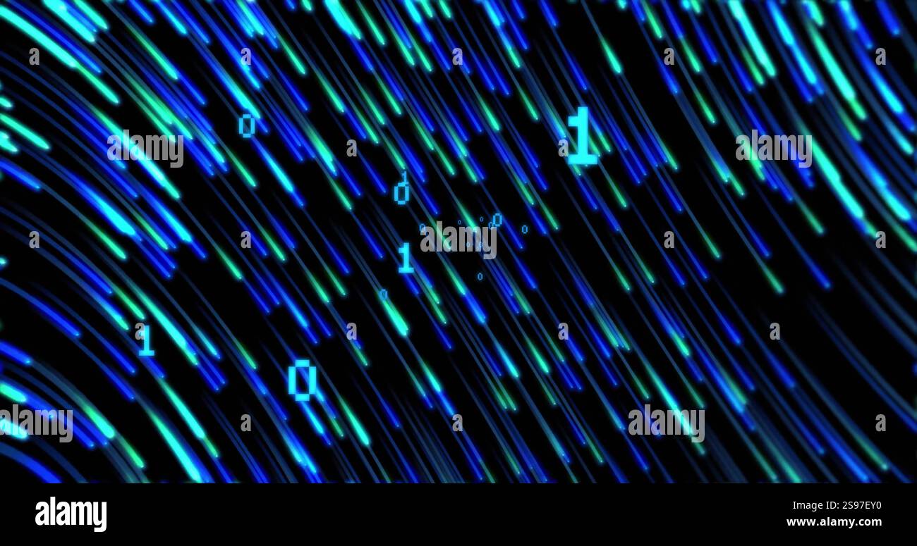 Binary code over blue and green streaks, digital data processing image. Technology, futuristic ...