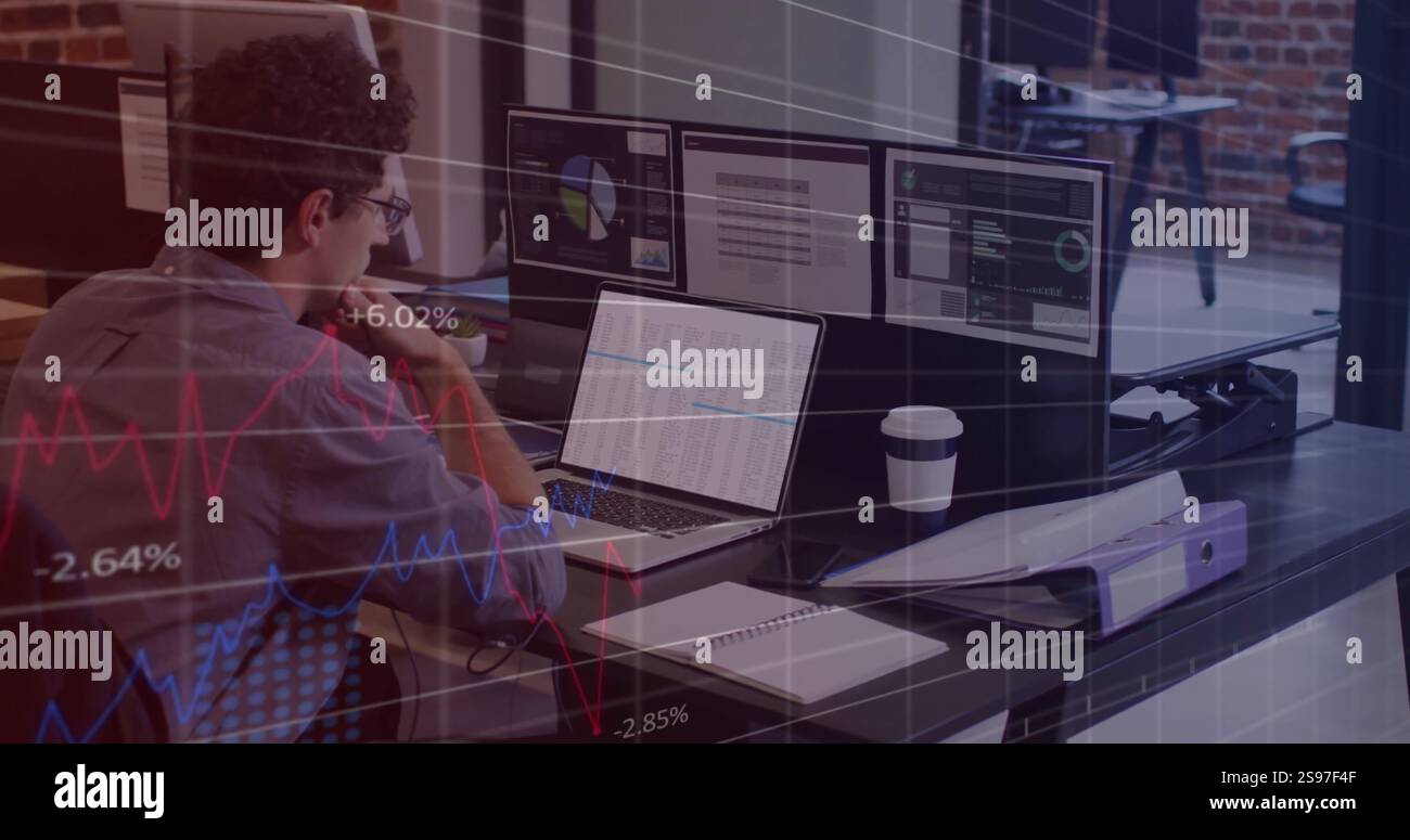 Image of financial data processing over caucasian businessman using ...