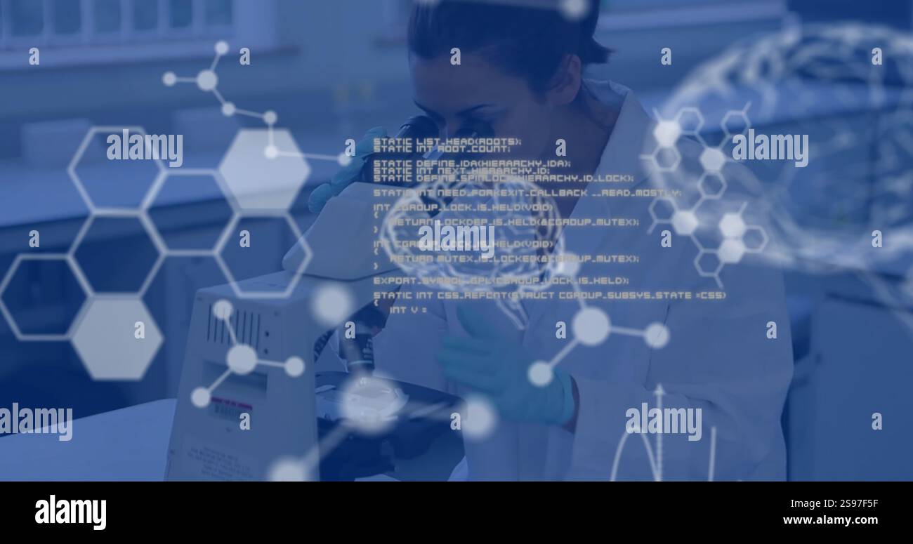 Image of human brains and scientific data processing over asian female ...