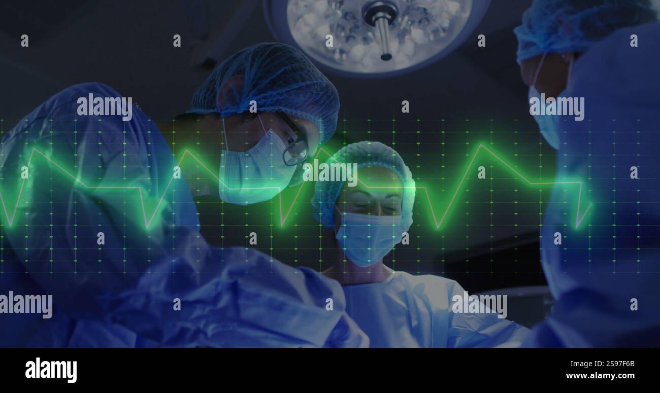 Image of cardiograph over diverse surgeons during surgery Stock Photo ...
