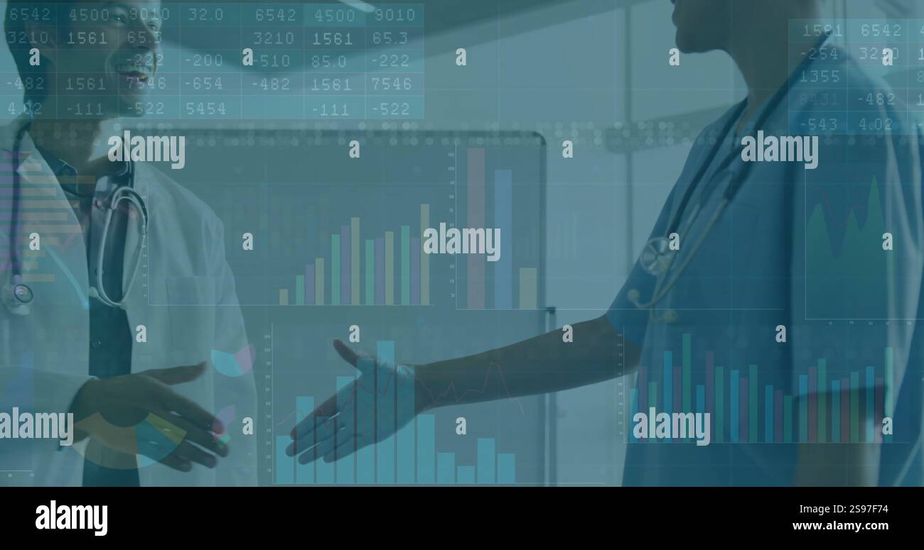 Image of financial data processing over diverse doctors in hospital ...
