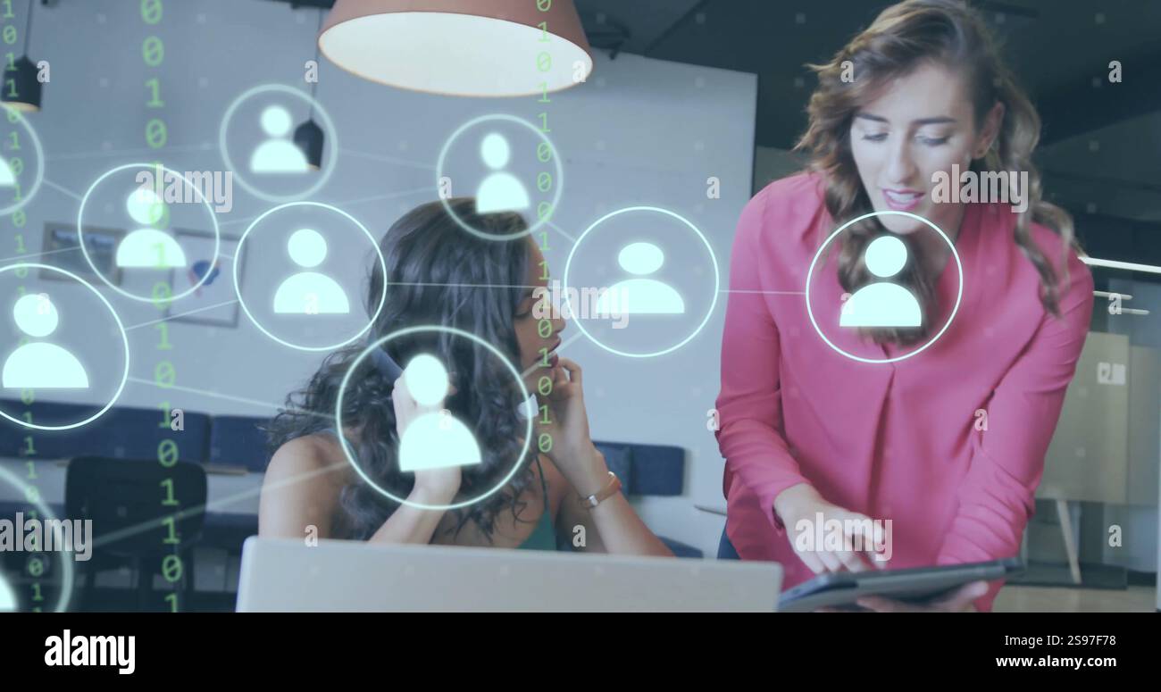 Image of digital people icons and binary coding over diverse business ...