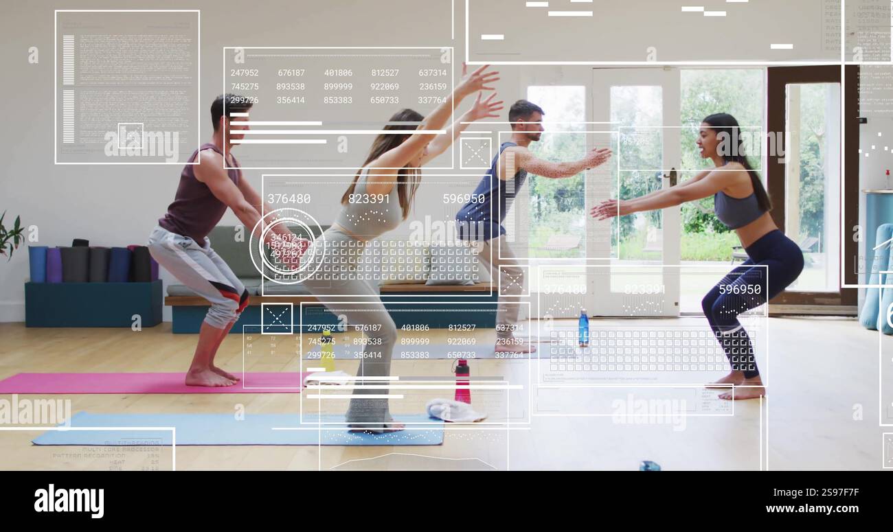 Image of data processing and diagrams over diverse sports people ...