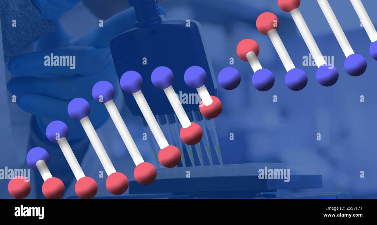 Image of dna strand scientific data processing over scientist in ...