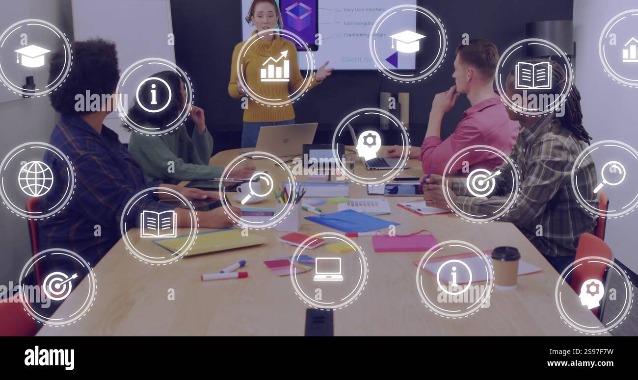 Image of business icons over diverse colleagues at meeting in office ...