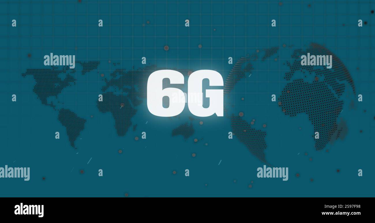 Image of 6g text over world map and globe. Social media, business and ...
