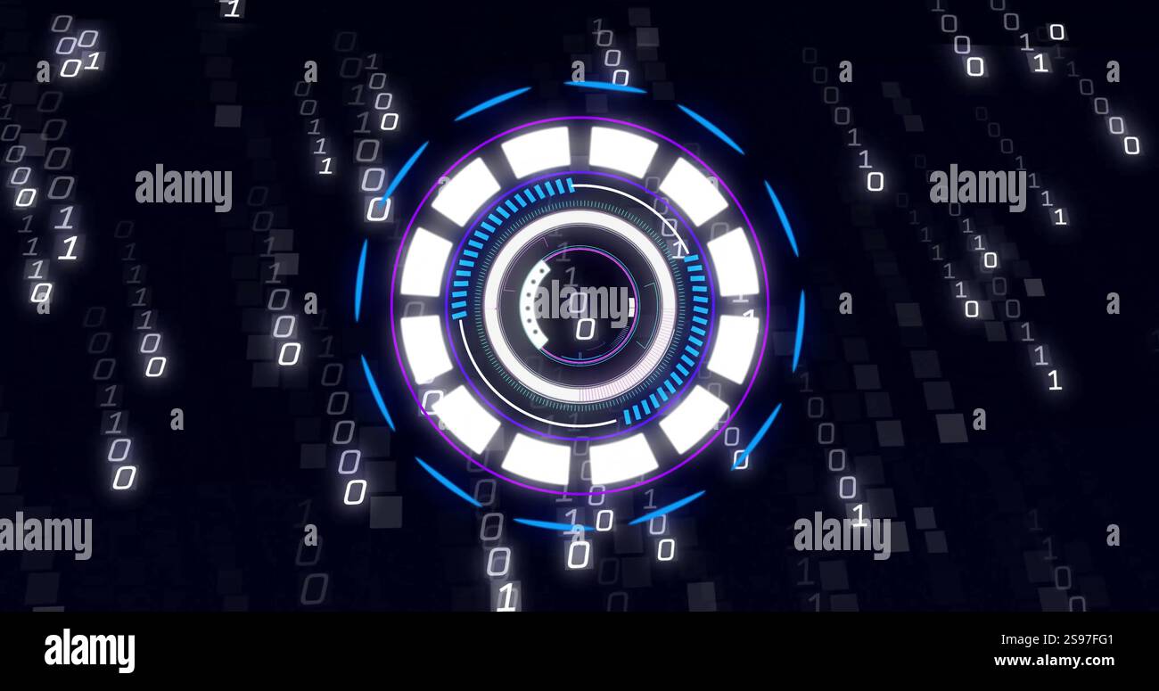Image of binary coding data processing over scope scanning on black background. Global ...