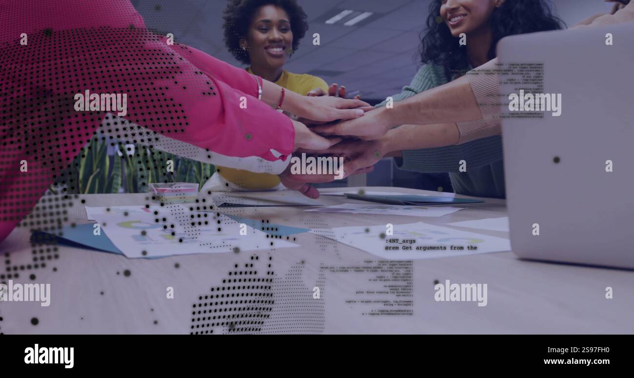 Image of digital data processing over diverse business people stacking ...