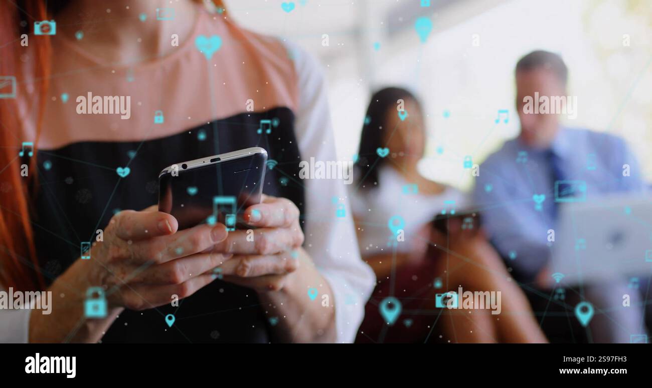 Image of network of connections over caucasian businesswoman using ...