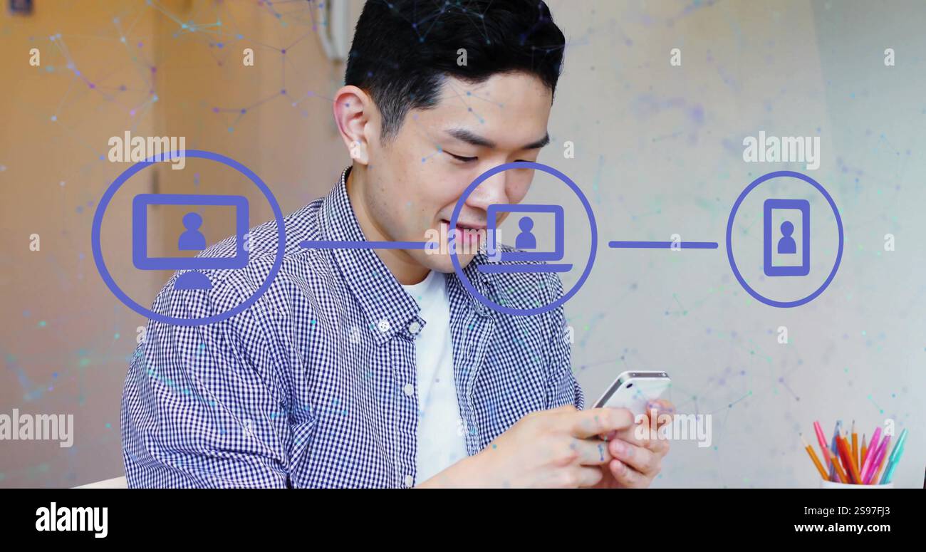 Image of network of connections with icons over asian man using ...