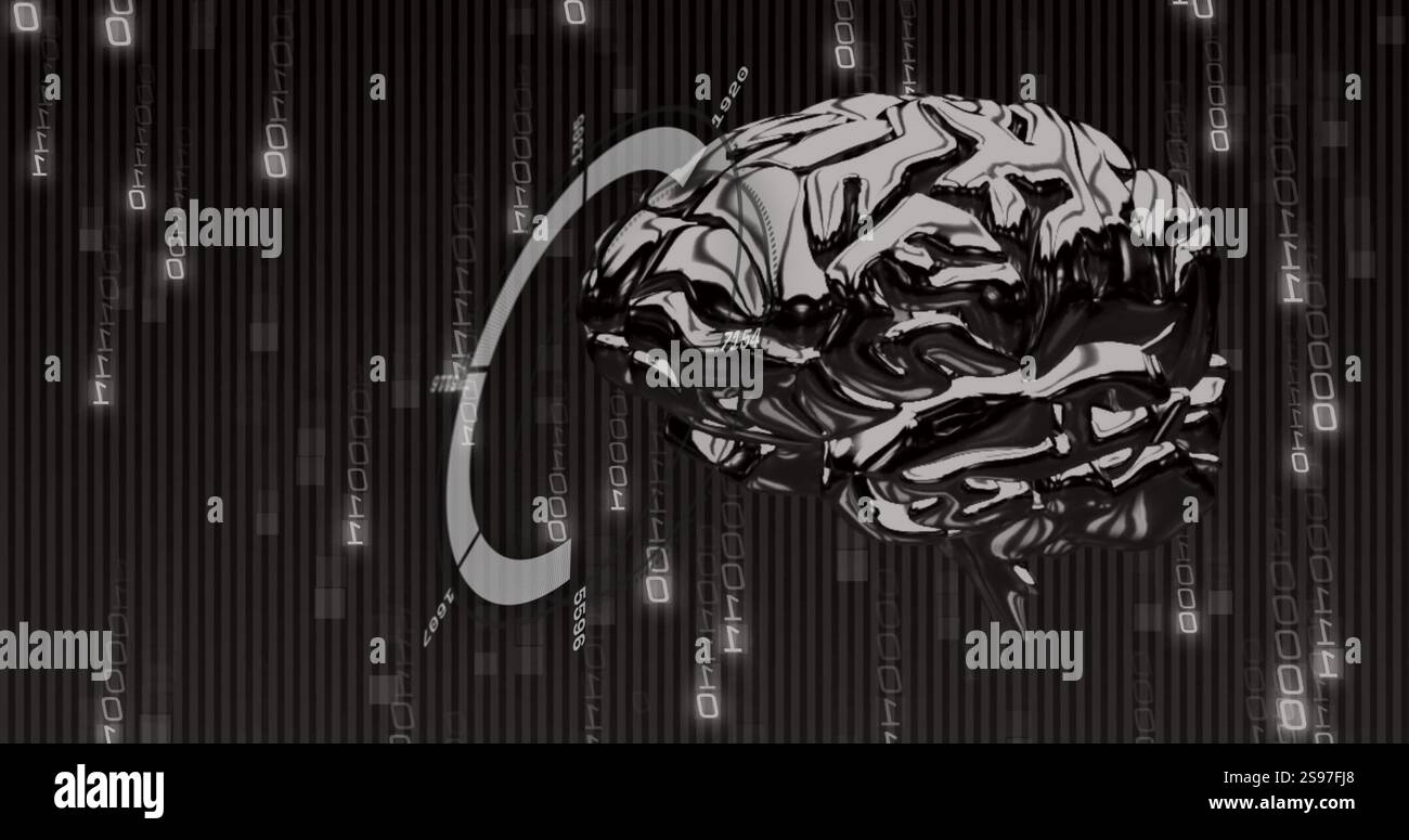 Image of binary coding and data processing with human brain over black ...