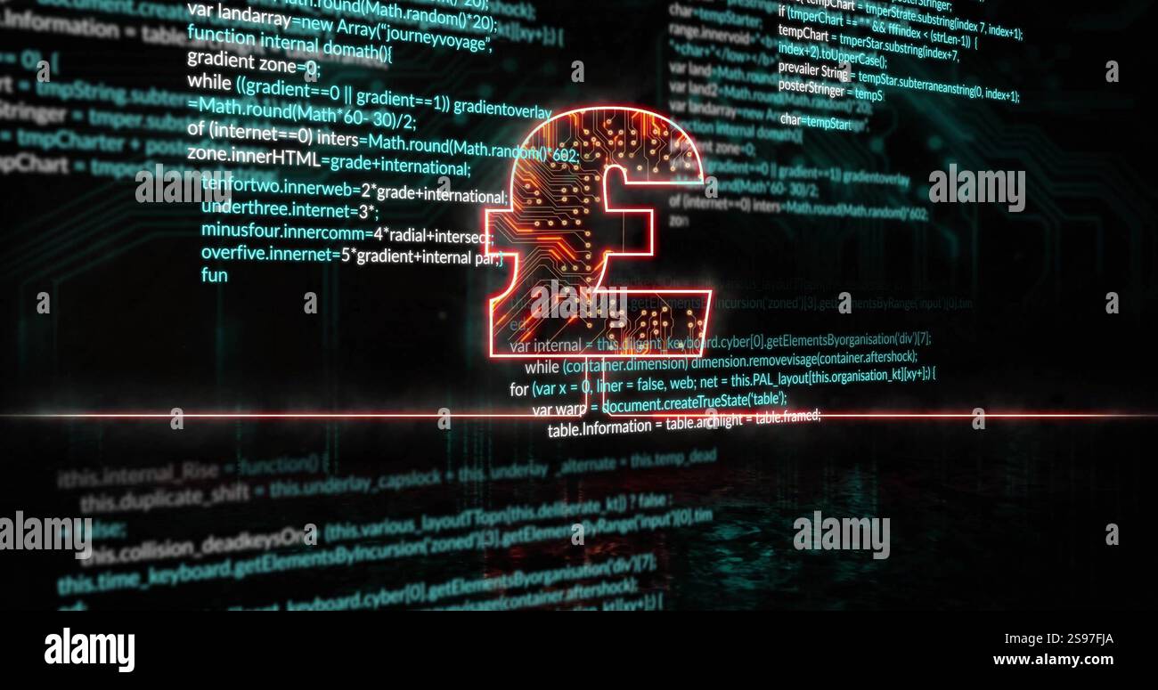 Pound currency symbol with circuit board image over programming code ...
