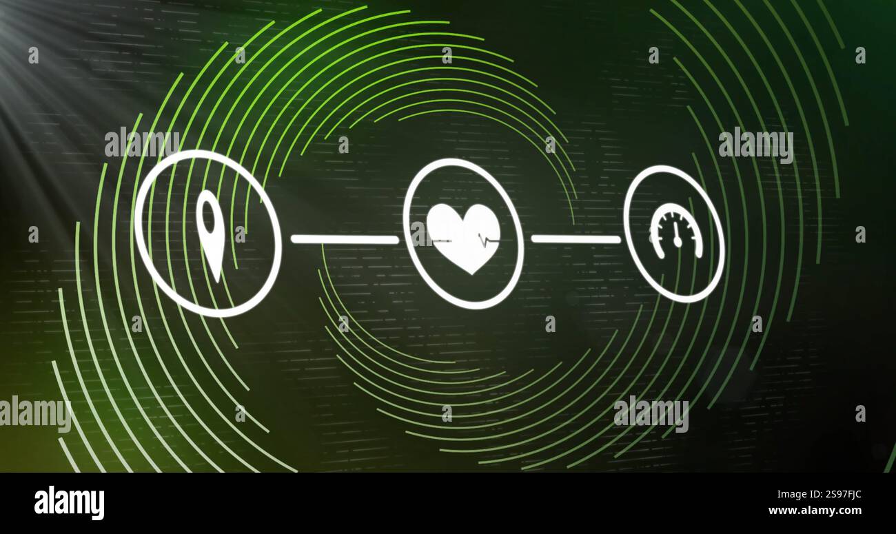 Location, heart rate, and speed icons connected over green circular patterns image Stock Photo ...