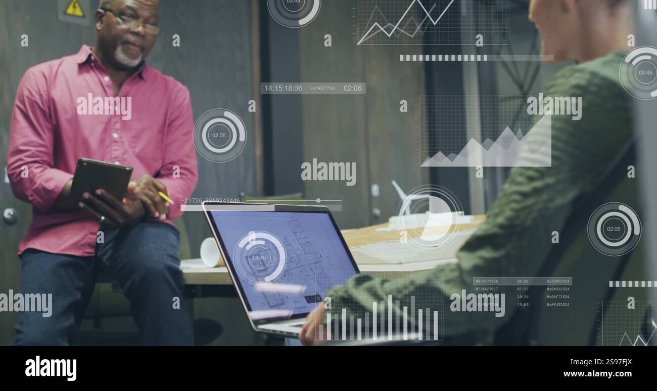 Image of financial data processing over diverse business people in ...
