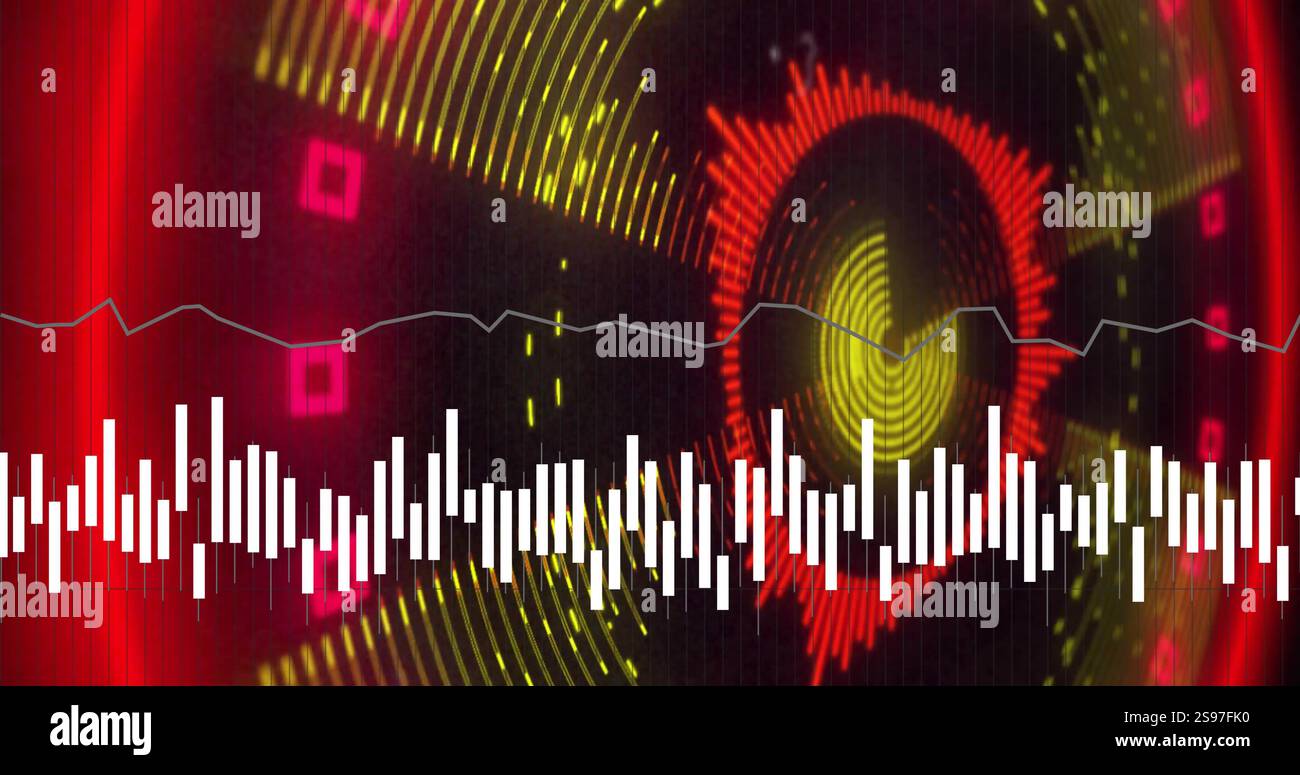 Sound waveforms and frequency bars over red circular image with digital ...