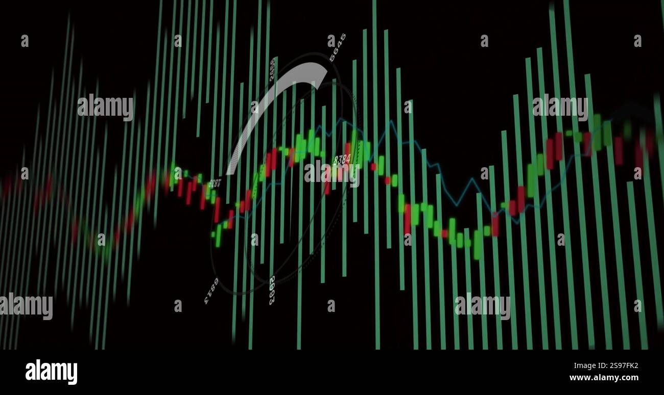 Image of digital data processing and statistics over black background ...