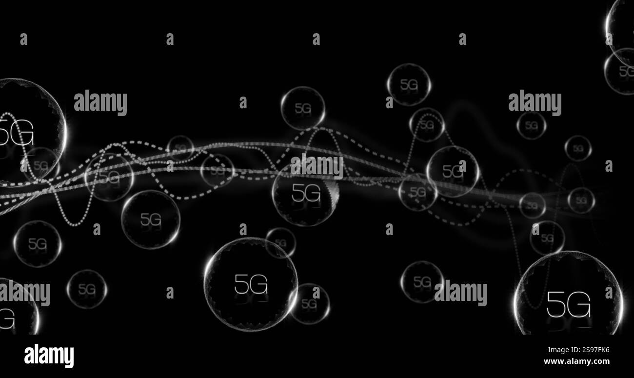 5G text image over abstract waves and circles on black background Stock ...