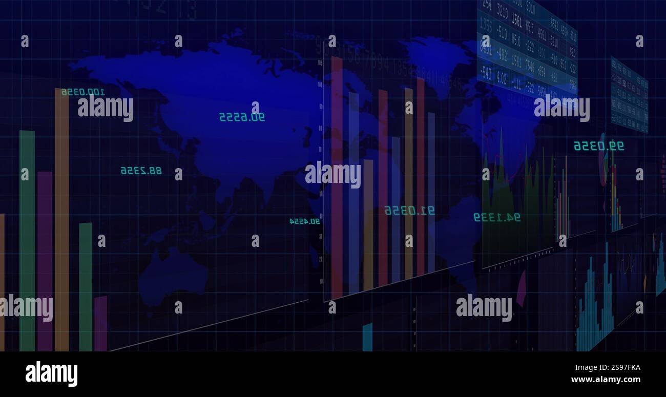 Image of digital data processing and statistics over world map on black ...
