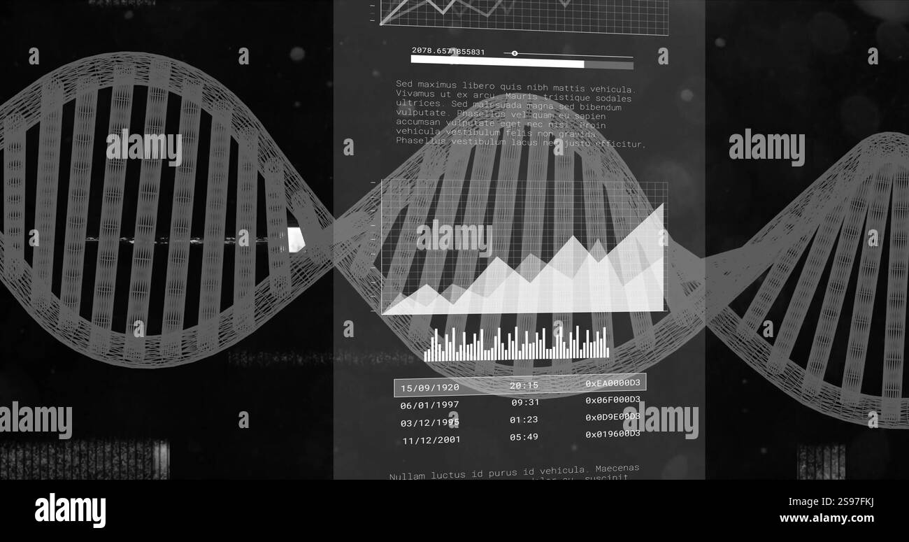 DNA strand and data charts image over scientific text background Stock ...